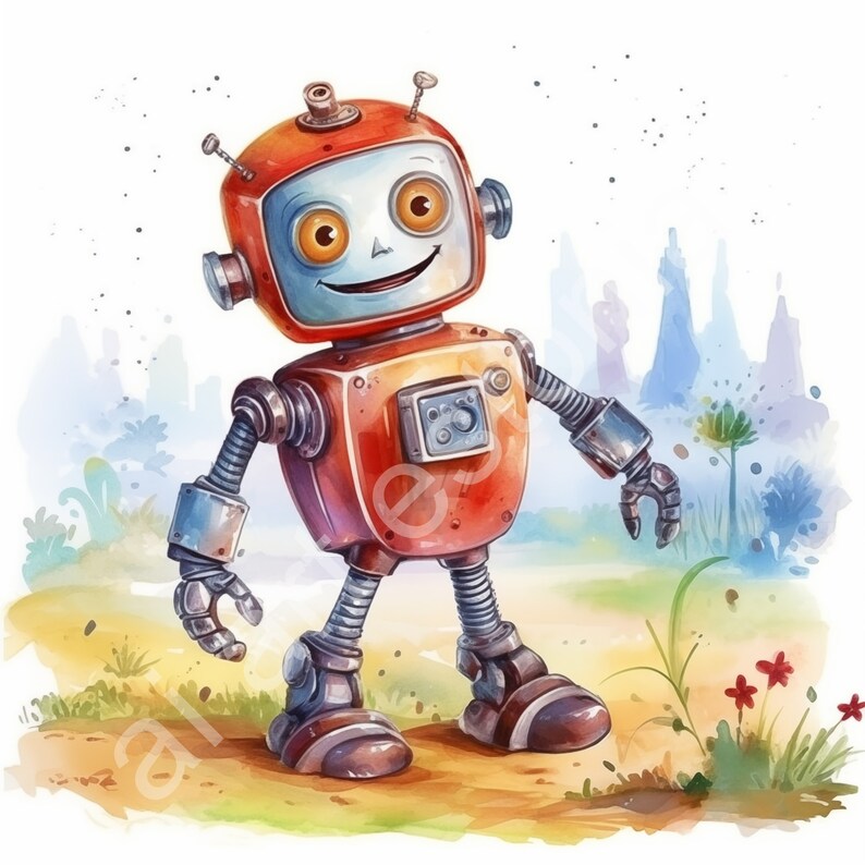 Watercolor Cute Robot 10 High-quality Jpgs Clipart 300dpi , Digital ...