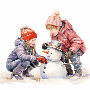 Watercolor Children Building a Snowman 10 High-quality Jpgs Clipart ...