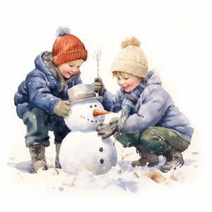 Watercolor Children Building a Snowman 10 High-quality Jpgs Clipart ...