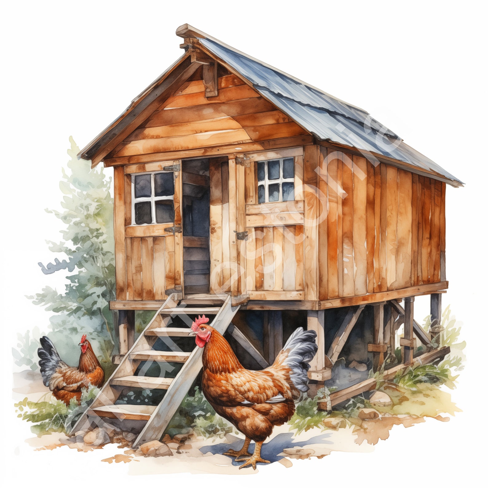 Watercolor Chicken Coop 10 High-quality Jpgs Clipart 300dpi , Digital ...
