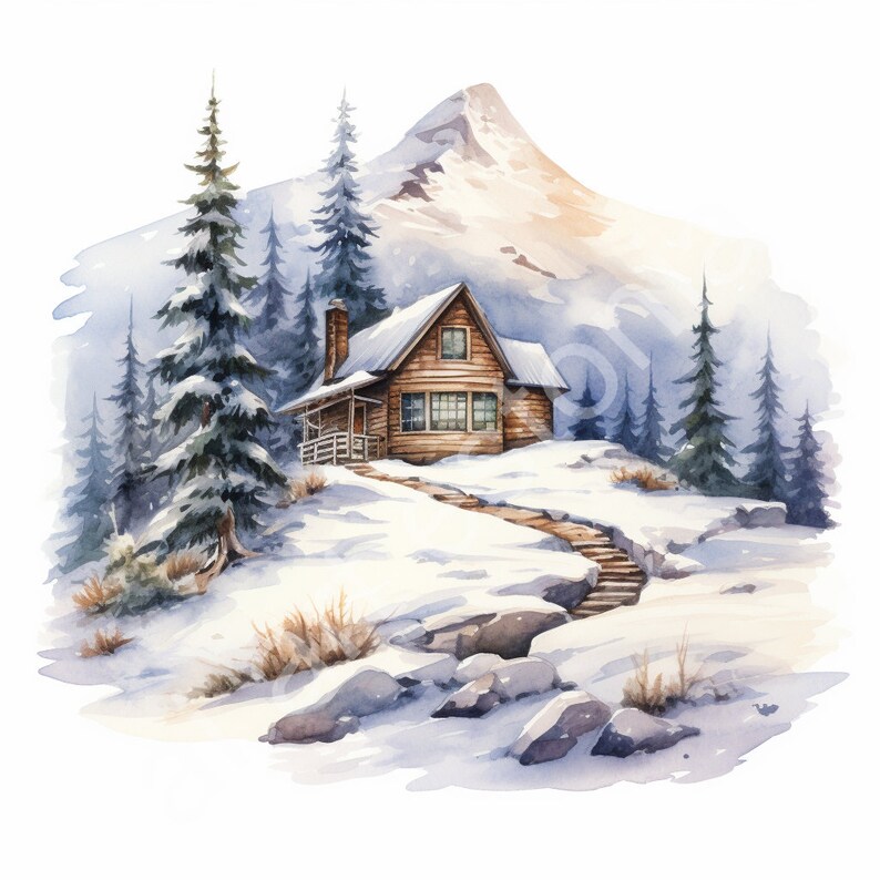 Watercolor Winter Mountain Cabin 10 High-quality Jpgs Clipart , Digital ...