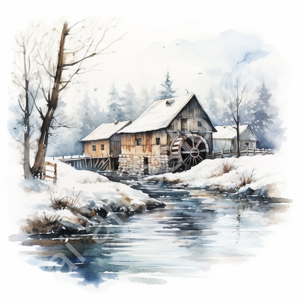 Watercolor Winter Mill River 10 High-quality Jpgs Clipart , Digital ...