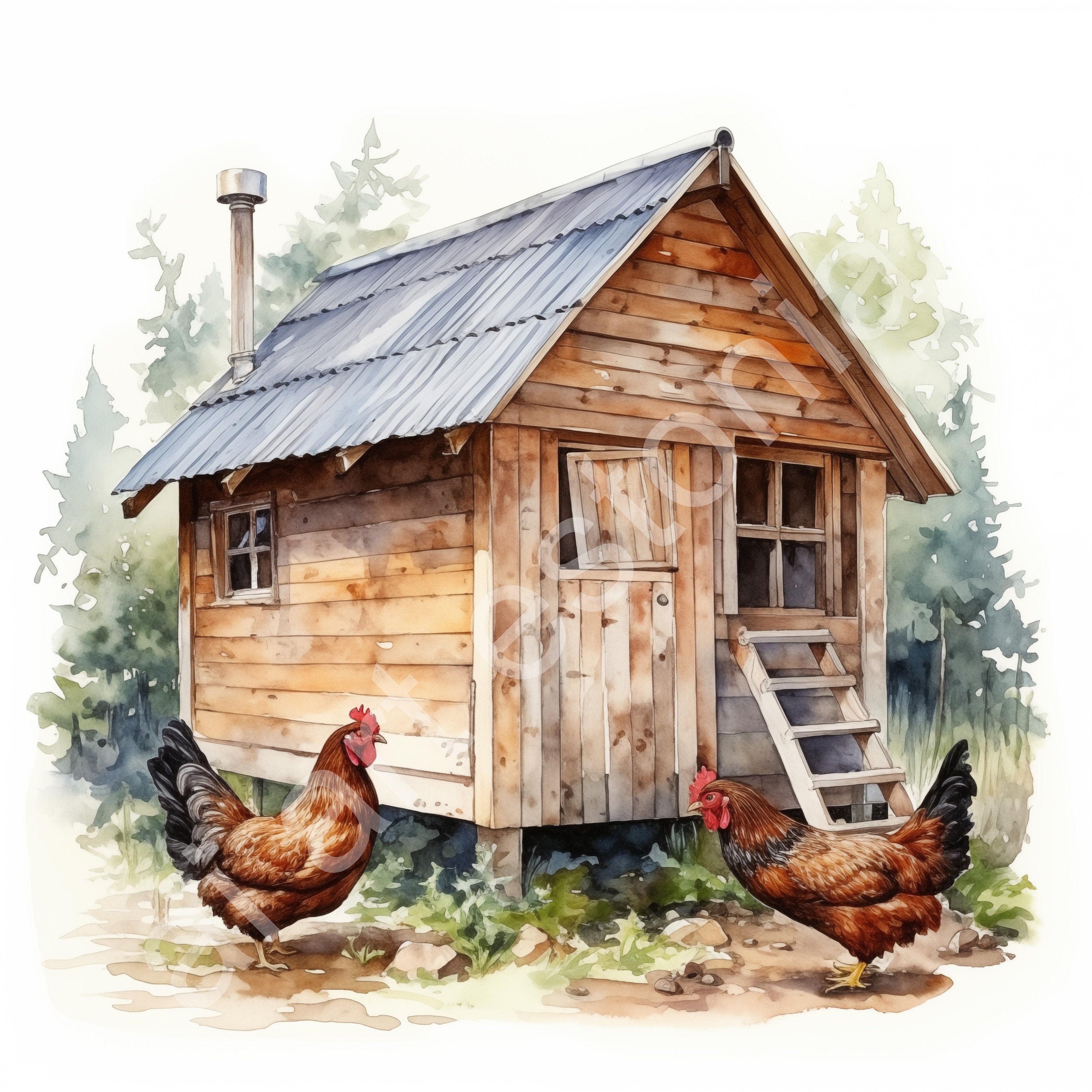 Watercolor Chicken Coop 10 High-quality Jpgs Clipart 300dpi , Digital ...