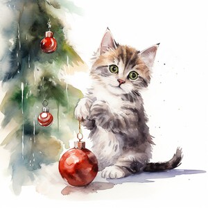 Watercolor Cat Christmas Tree Ornament 12 High-quality Jpgs Clipart ...
