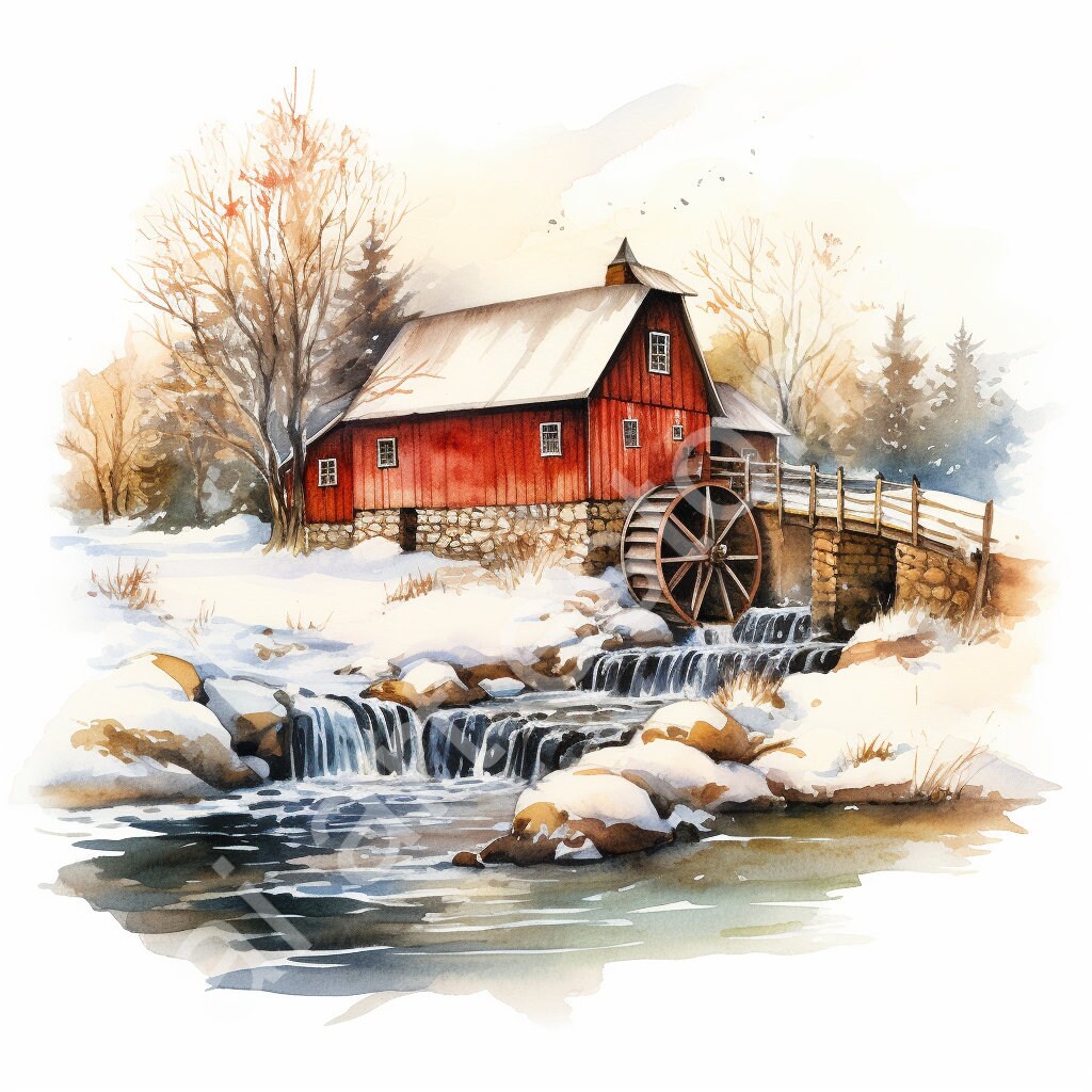 Watercolor Winter Mill River 10 High-quality Jpgs Clipart , Digital ...