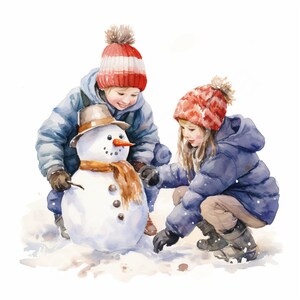 Watercolor Children Building a Snowman 10 High-quality Jpgs Clipart ...