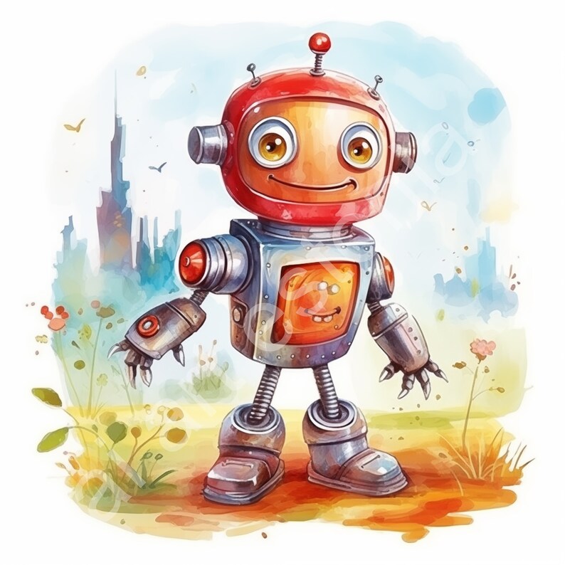 Watercolor Cute Robot 10 High-quality Jpgs Clipart 300dpi , Digital ...