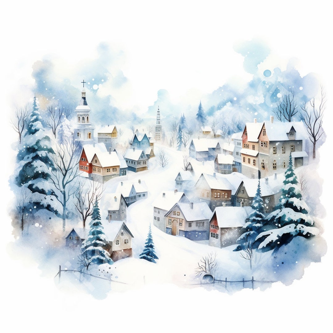 Watercolor Village in Snow 10 High-quality Jpgs Clipart , Digital ...