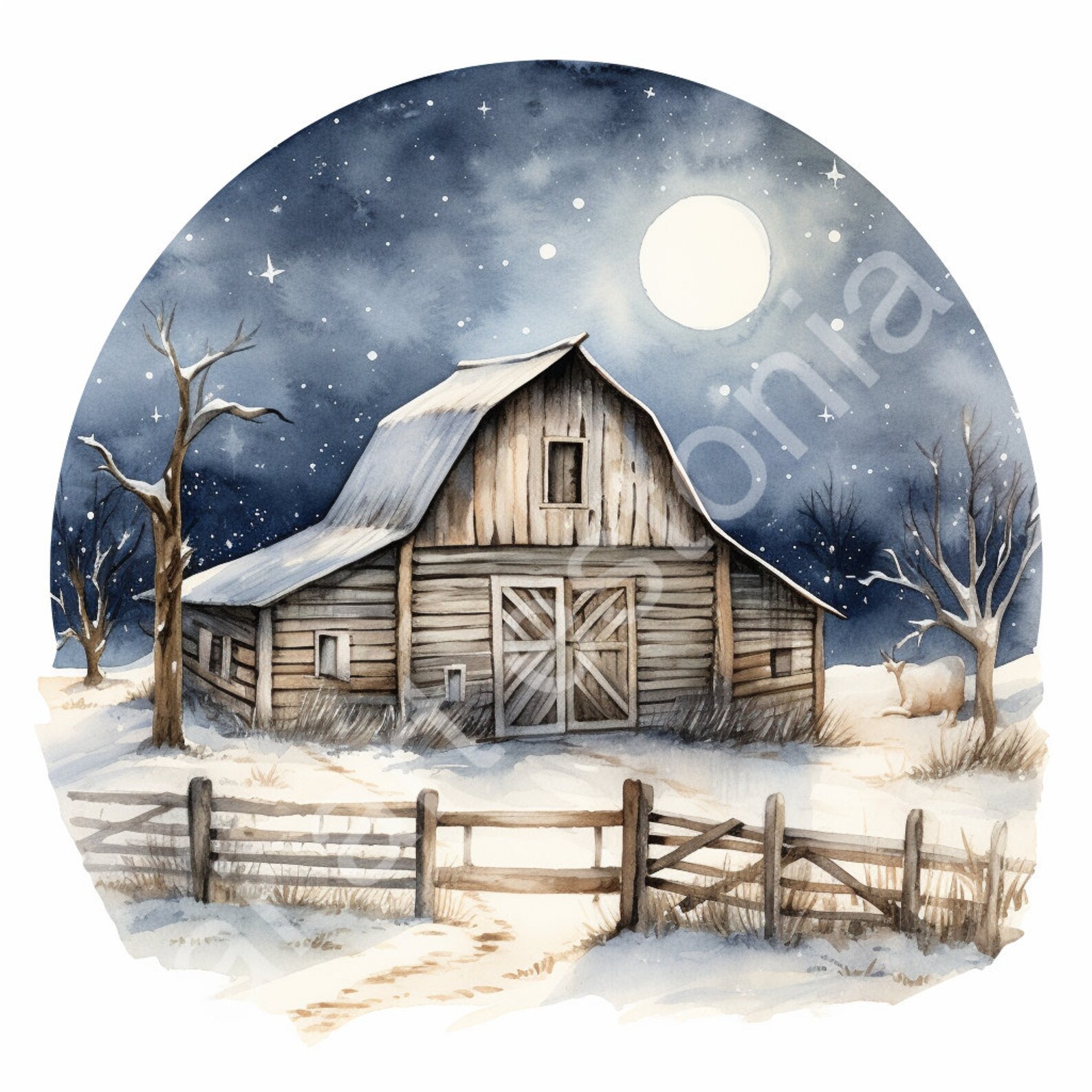 Watercolor Winter Barn in the Moonlight 10 High-quality Jpgs Clipart ...
