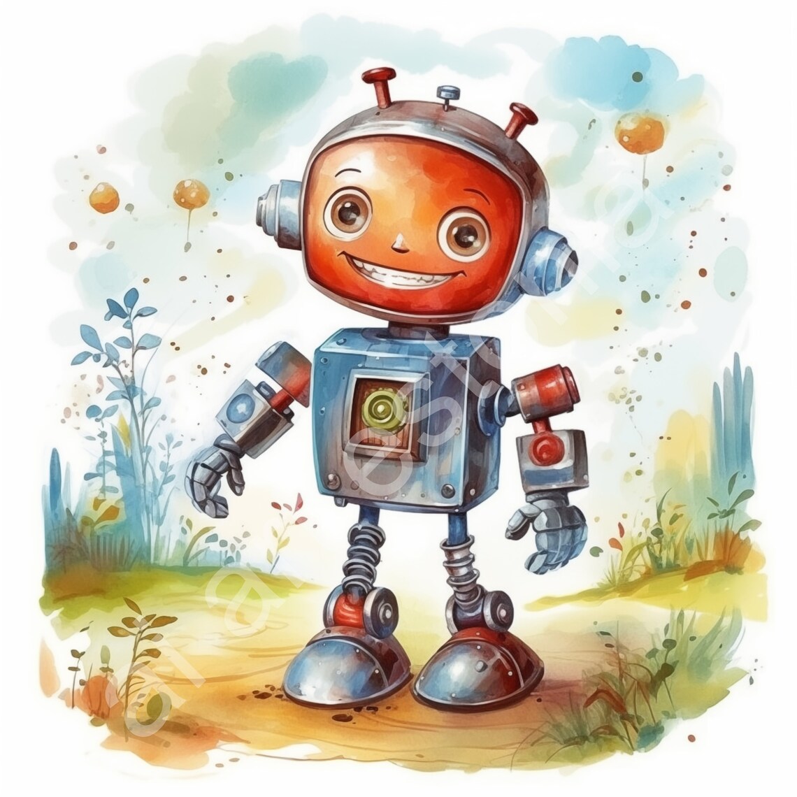 Watercolor Cute Robot 10 High-quality Jpgs Clipart 300dpi , Digital ...