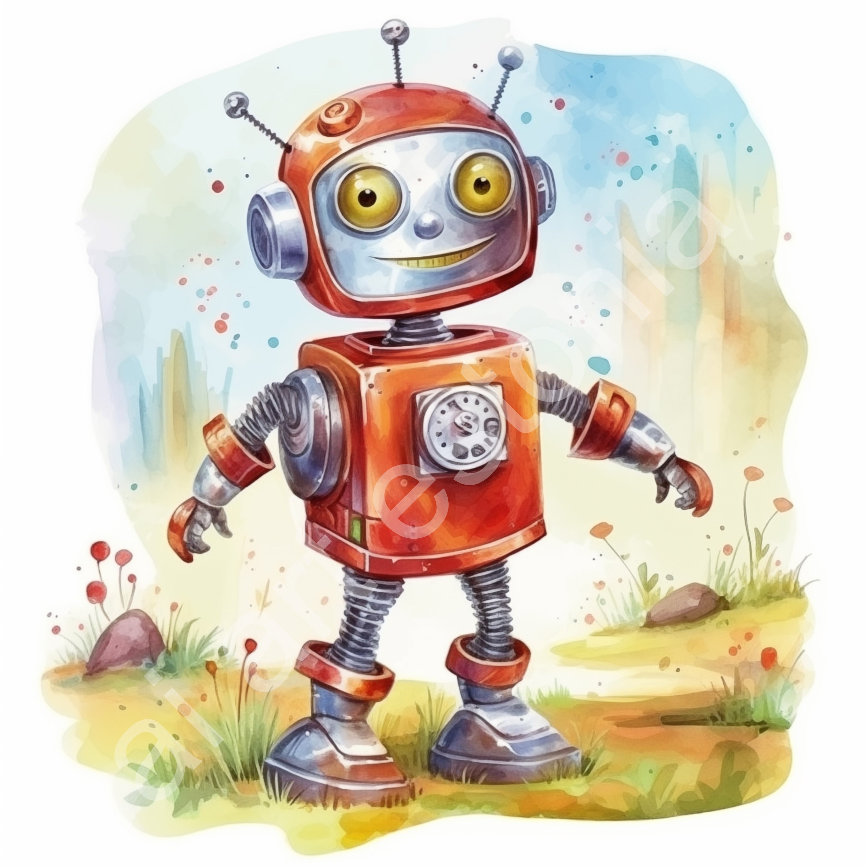 Watercolor Cute Robot 10 High-quality Jpgs Clipart 300dpi , Digital ...