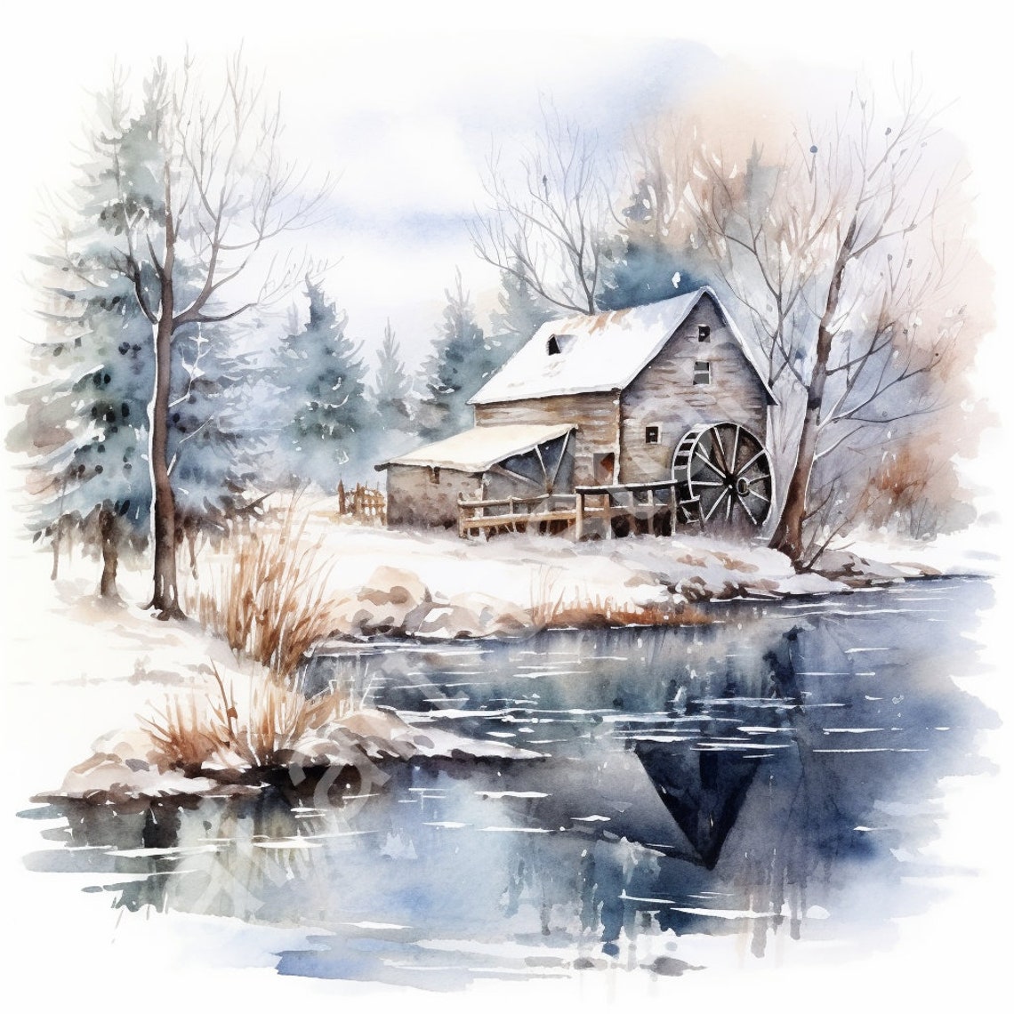 Watercolor Winter Mill River 10 High-quality Jpgs Clipart , Digital ...