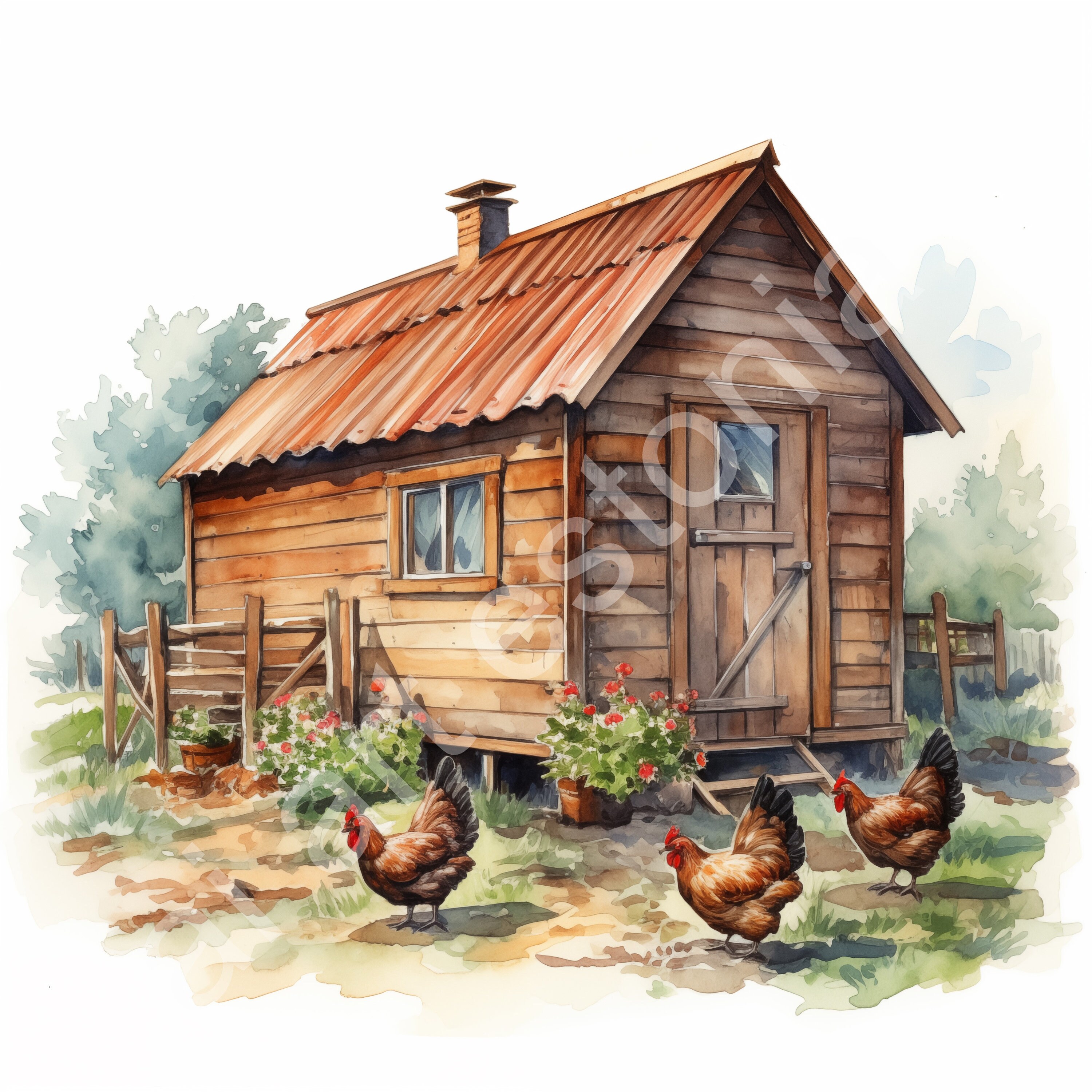 Watercolor Chicken Coop 10 High-quality Jpgs Clipart 300dpi , Digital ...