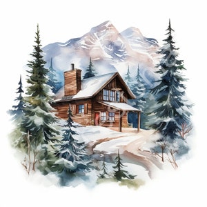 Watercolor Winter Mountain Cabin 10 High-quality Jpgs Clipart , Digital ...