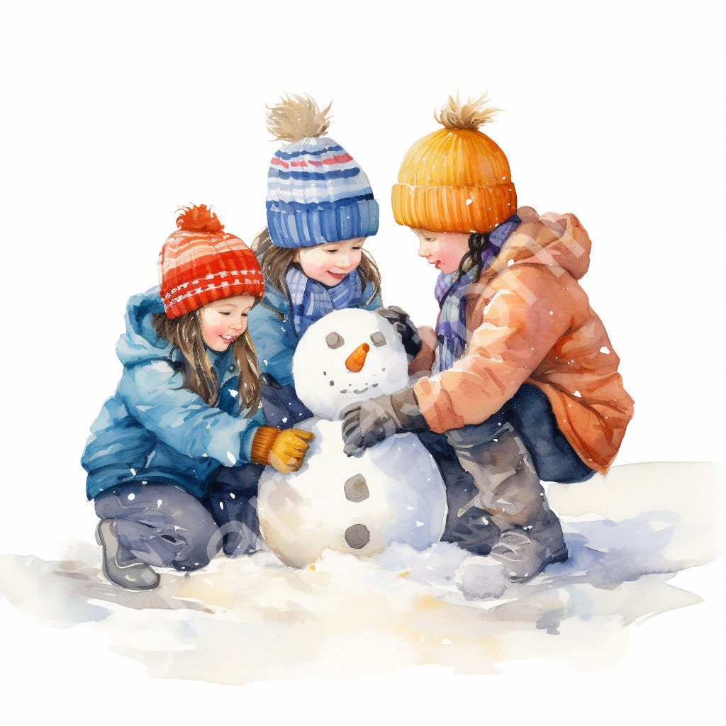 Watercolor Children Building a Snowman 10 High-quality Jpgs Clipart ...