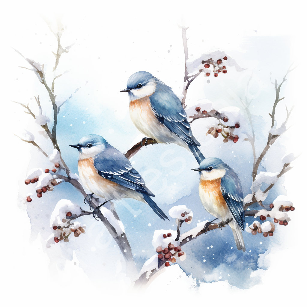Watercolor Birds in Snow - 10 High-quality JPG Clipart Images , Winter ...