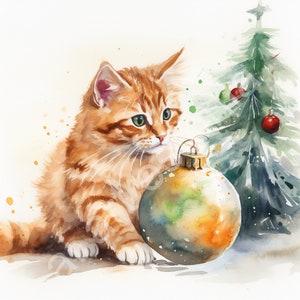 Watercolor Cat Christmas Tree Ornament 12 High-quality Jpgs Clipart ...