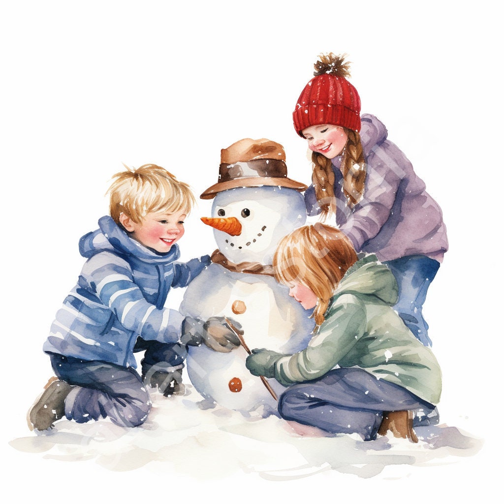 Watercolor Children Building a Snowman 10 High-quality Jpgs Clipart ...
