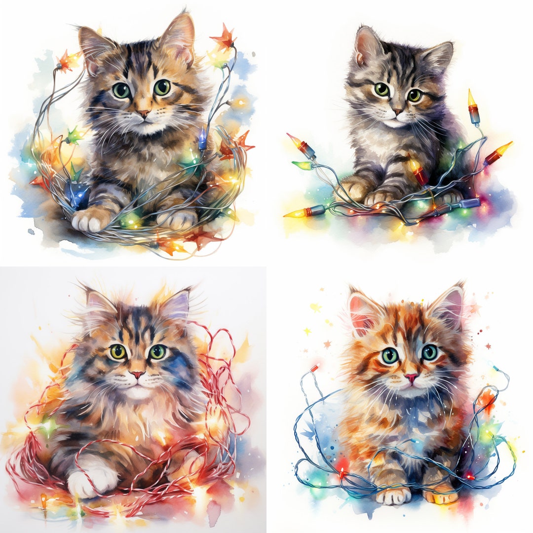 Watercolor Cat Christmas Lights 12 High-quality Jpgs Clipart, Digital ...