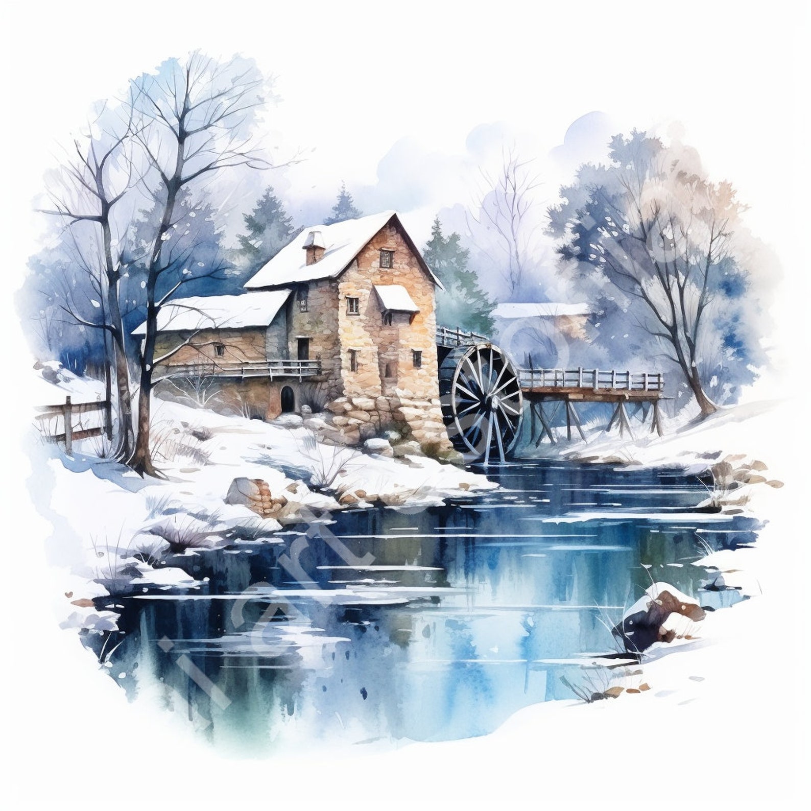 Watercolor Winter Mill River 10 High-quality Jpgs Clipart , Digital ...