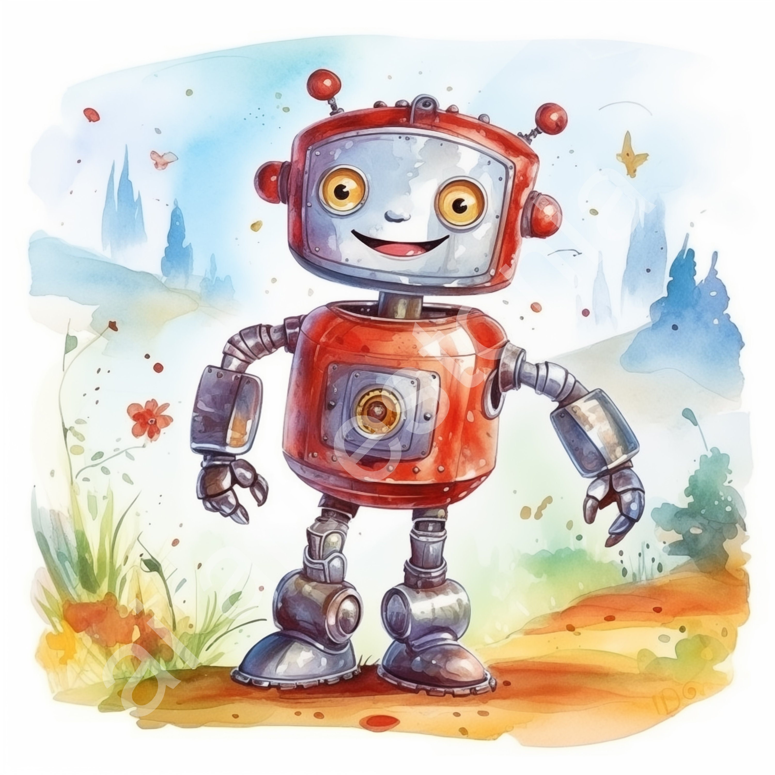 Watercolor Cute Robot 10 High-quality Jpgs Clipart 300dpi , Digital ...