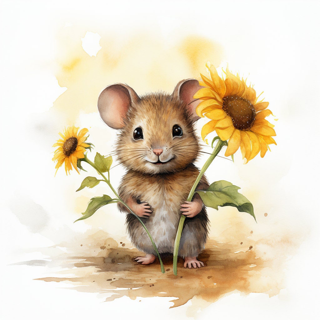 Watercolor Mouse & Flower Clipart 10 Jpgs, High Quality, Digital ...
