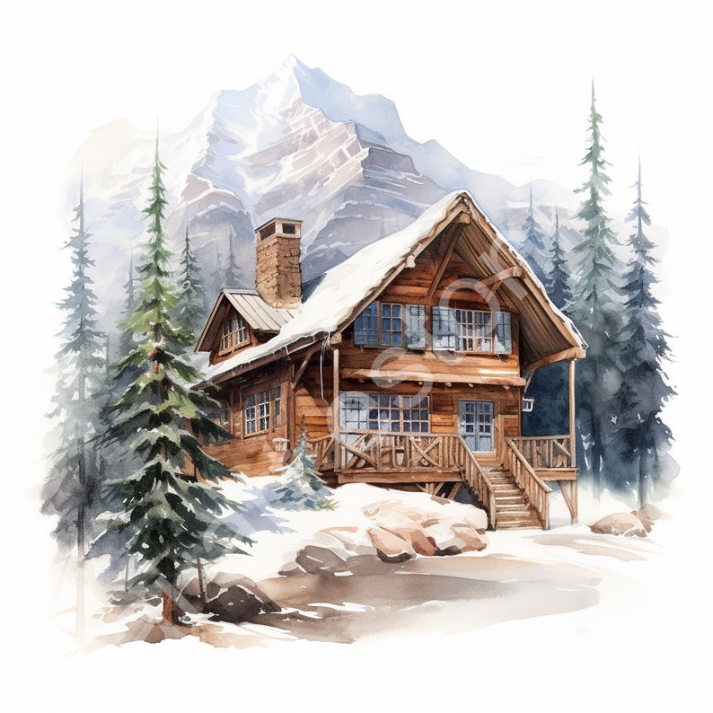 Watercolor Winter Mountain Cabin 10 High-quality Jpgs Clipart , Digital ...