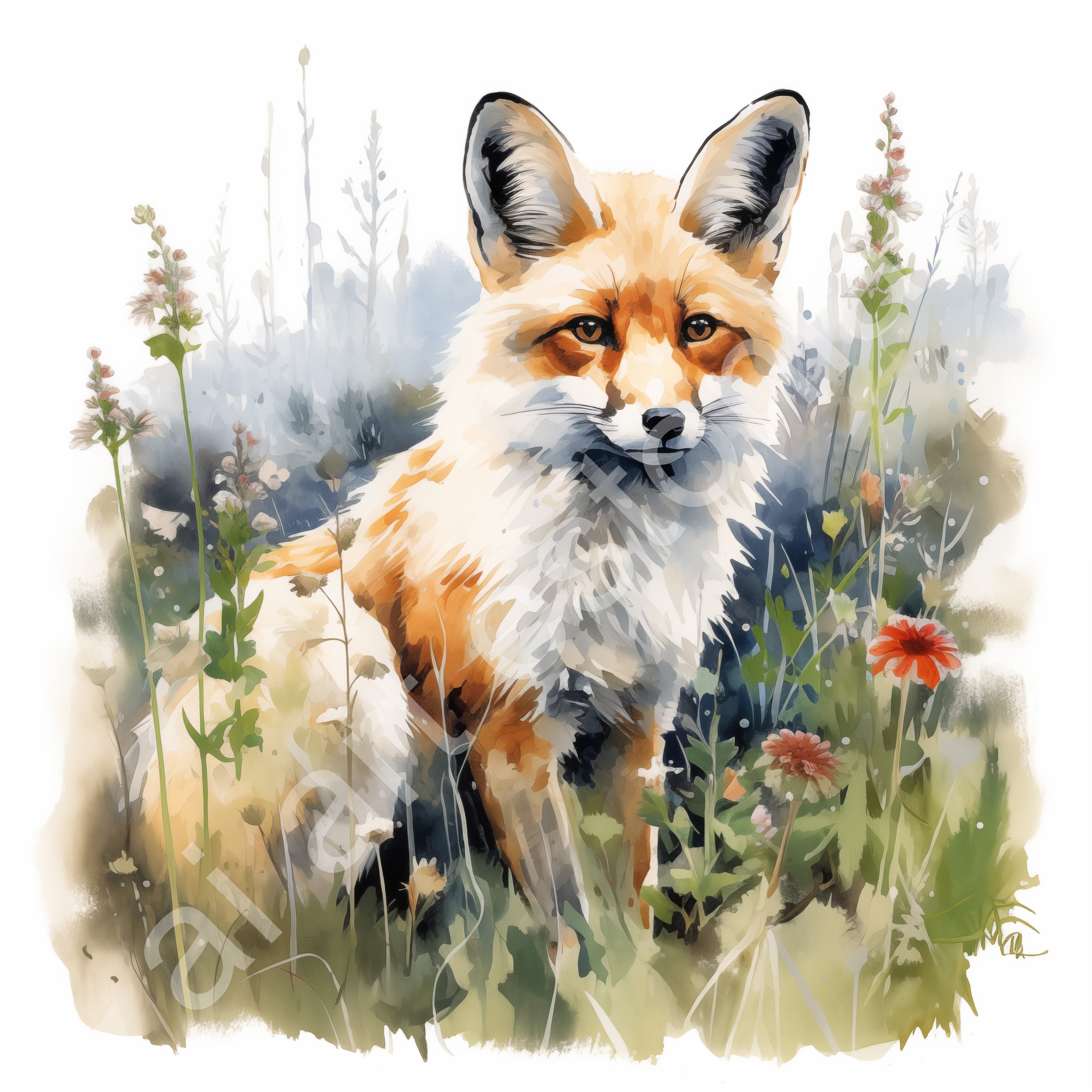 Watercolor Fox in a Meadow 10 High-quality JPG Clipart 300dpi , Digital ...