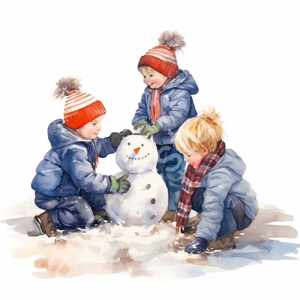 Watercolor Children Building a Snowman 10 High-quality Jpgs Clipart ...