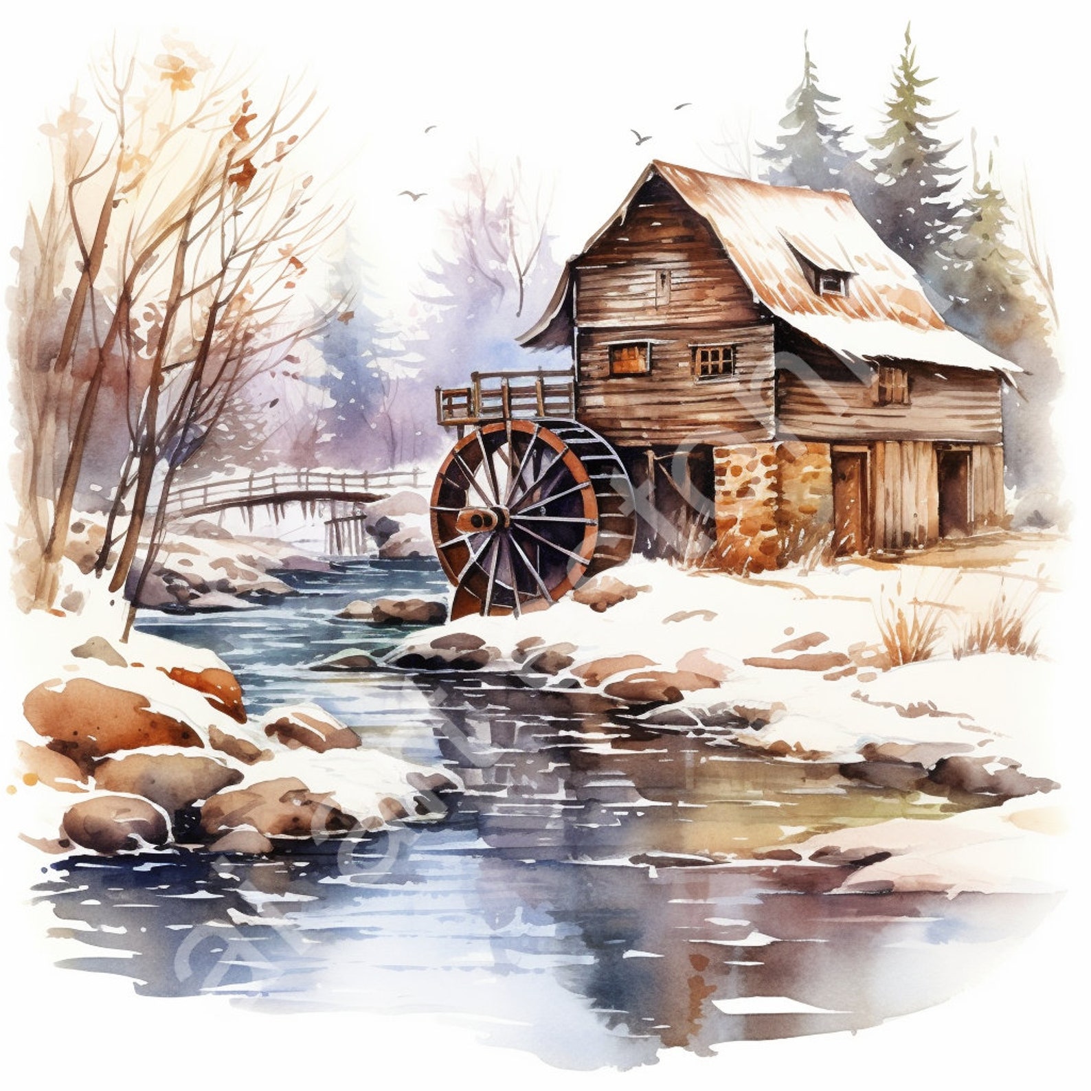 Watercolor Winter Mill River 10 High-quality Jpgs Clipart , Digital ...