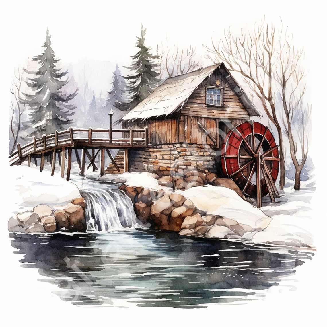 Watercolor Winter Mill River 10 High-quality Jpgs Clipart , Digital ...