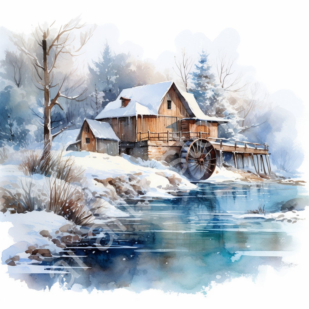 Watercolor Winter Mill River 10 High-quality Jpgs Clipart , Digital ...