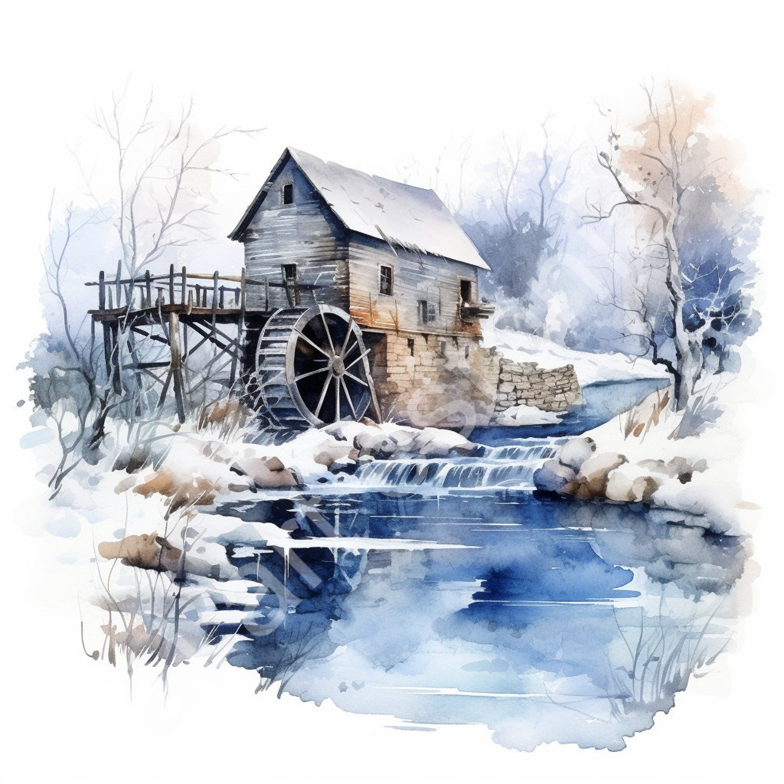 Watercolor Winter Mill River 10 High-quality Jpgs Clipart , Digital ...