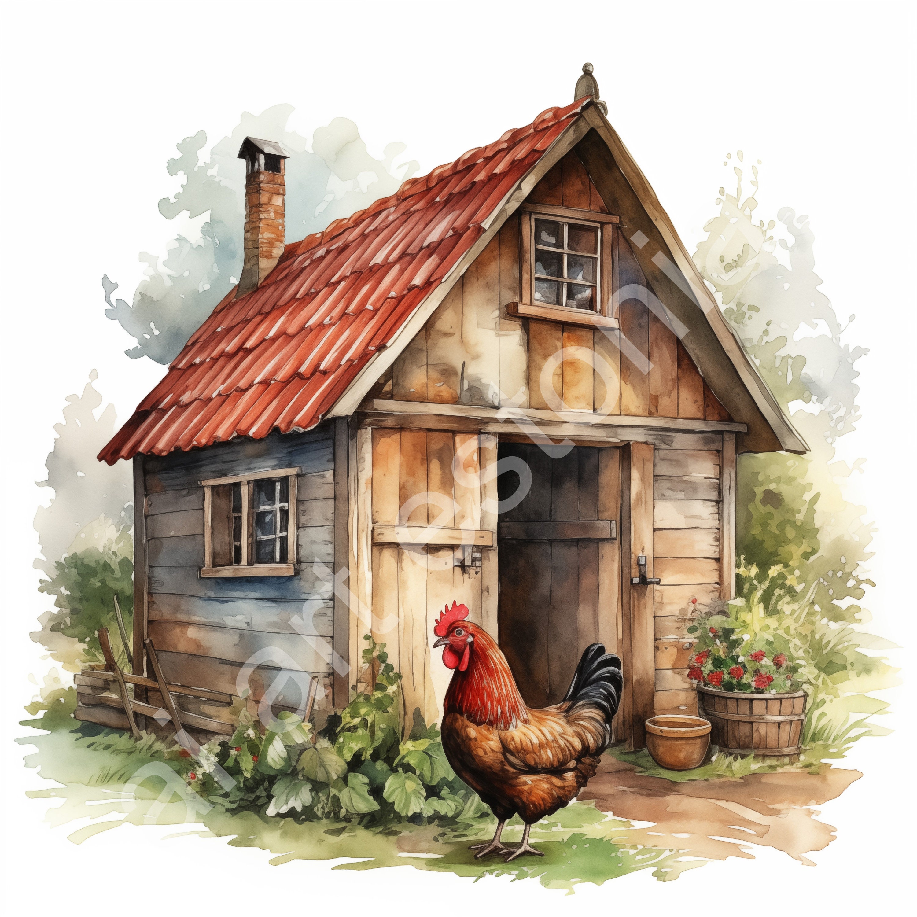 Watercolor Chicken Coop 10 High-quality Jpgs Clipart 300dpi , Digital ...