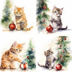 Watercolor Cat Christmas Tree Ornament 12 High-quality Jpgs Clipart ...