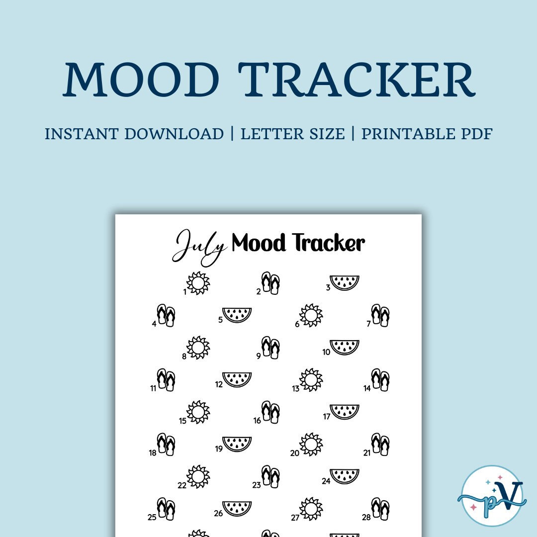 July Monthly Mood Tracker Mental Health Log Emotion Tracker Planner ...