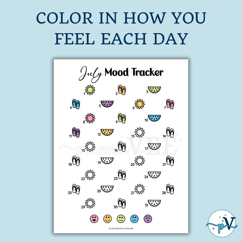 July Monthly Mood Tracker Mental Health Log Emotion Tracker Planner ...