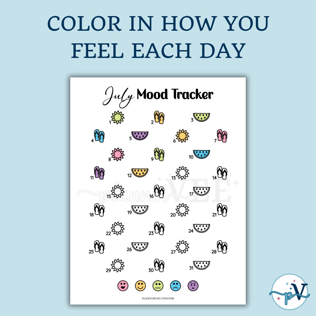 July Monthly Mood Tracker Mental Health Log Emotion Tracker Planner ...