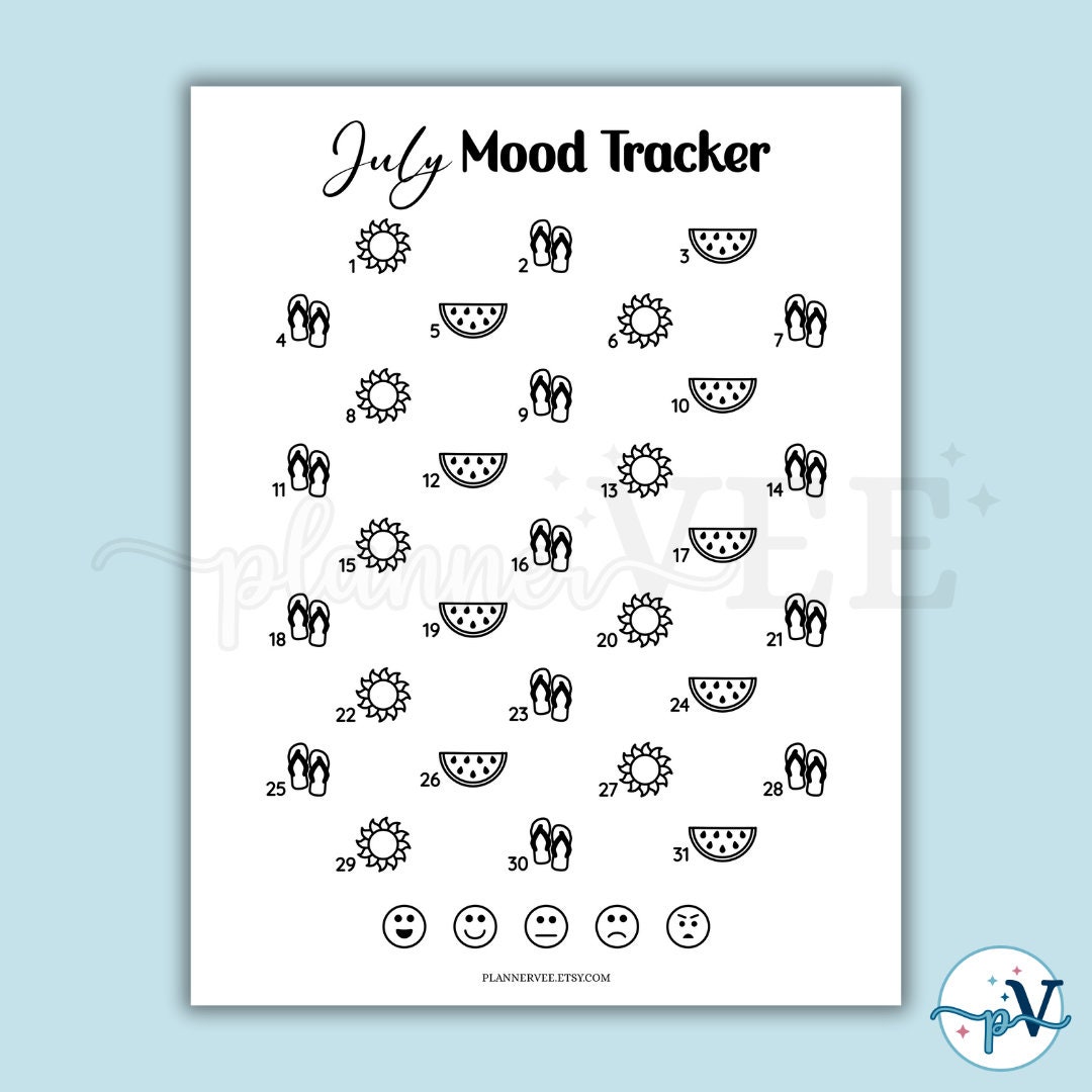 July Monthly Mood Tracker Mental Health Log Emotion Tracker Planner ...