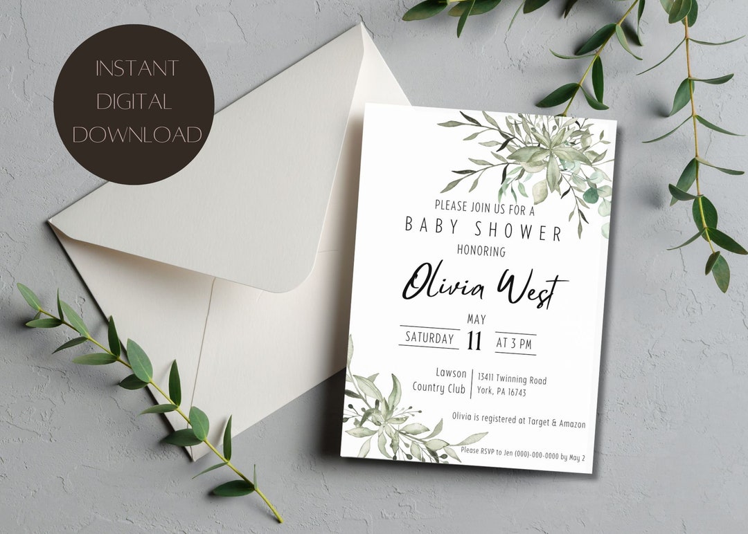 Greenery Baby Shower Invitation, Baby Sprinkle Invitation, Greenery ...