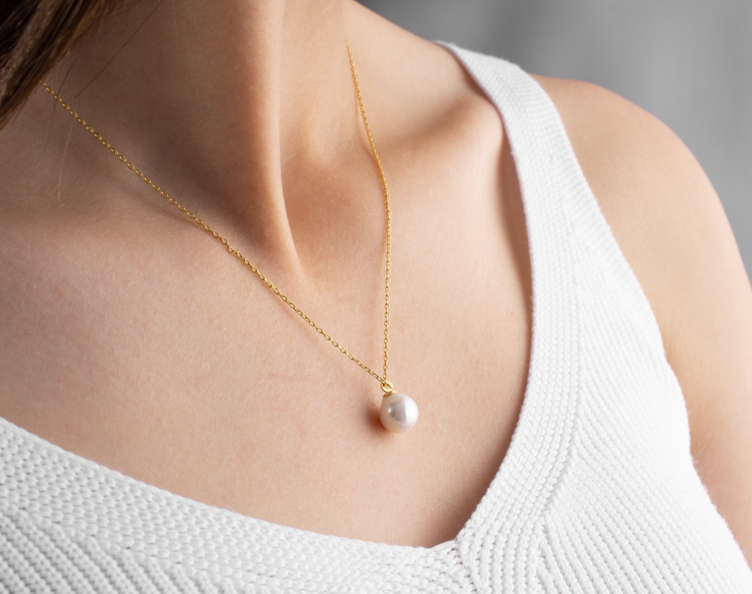 14k Gold Pearl Necklace, Single Pearl Necklace, White Pearl Pendant ...