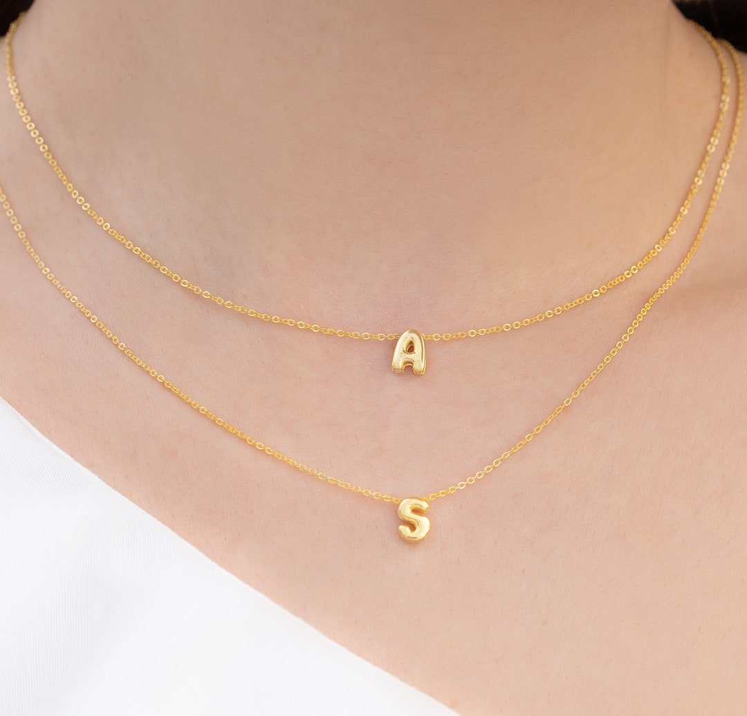 14k Gold Tiny Letter Necklace - Personalized 3D Bubble Initial Pendant ...