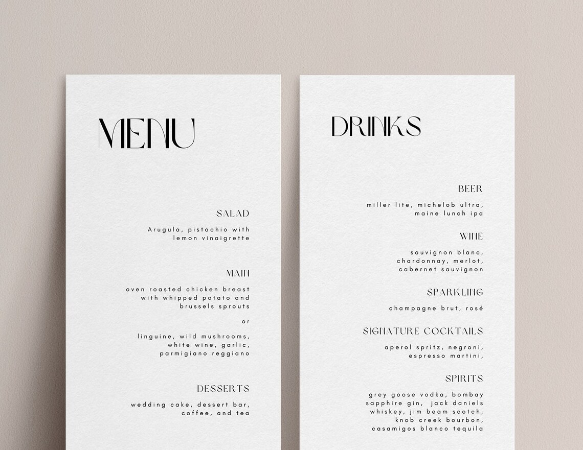 Reception Menu Printable Editable Menu Cocktail Menu for Wedding ...