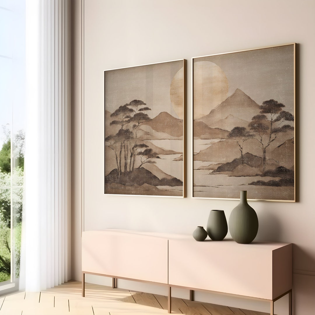 Japanese Vintage Landscape Wall Art Printable Artwork Japandi Sunset 2 ...