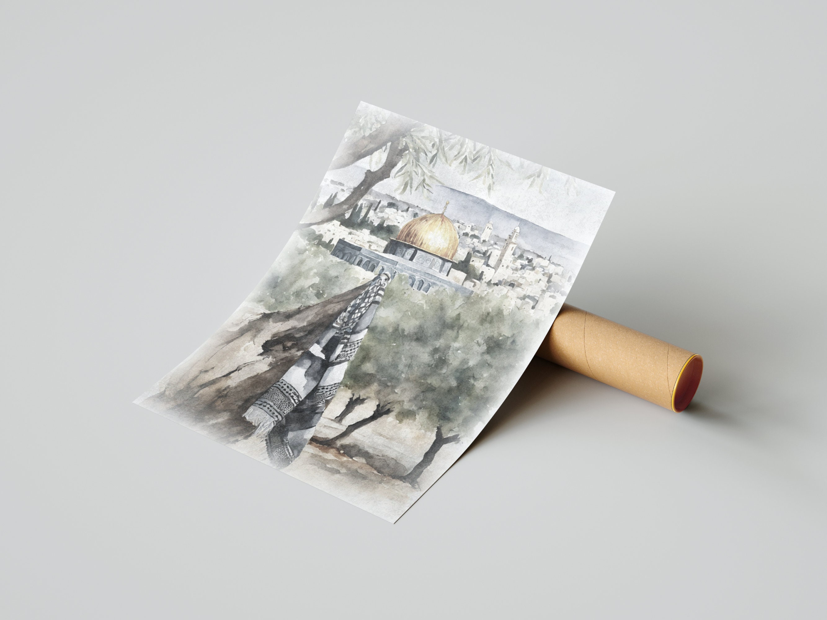 Palestine Olive Tree Keffiyeh Art Print, Al Quds Mosque Giclée Poster ...