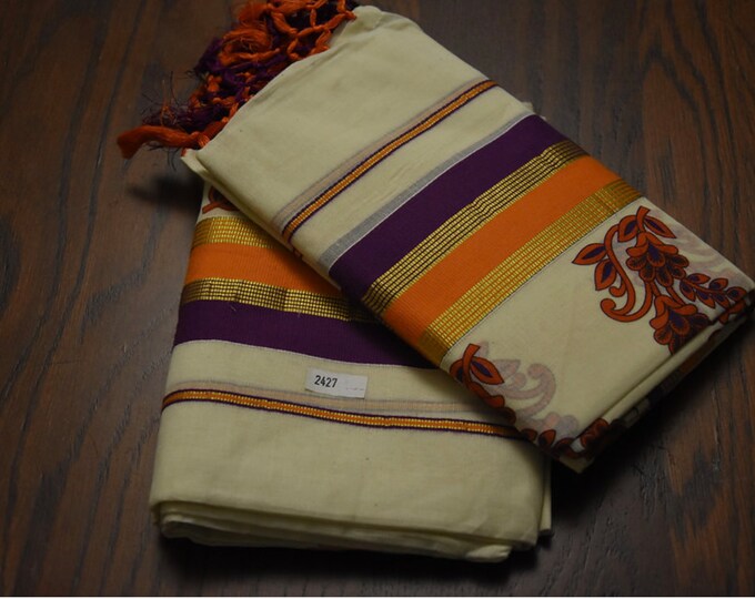 Set Mundu With Orange ,purple and Designs, Settum Mundum, Onam Wear, - Etsy