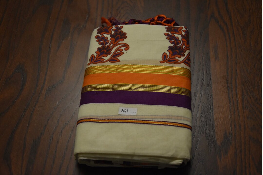 Set Mundu With Orange purple and Designs Settum Mundum Onam - Etsy