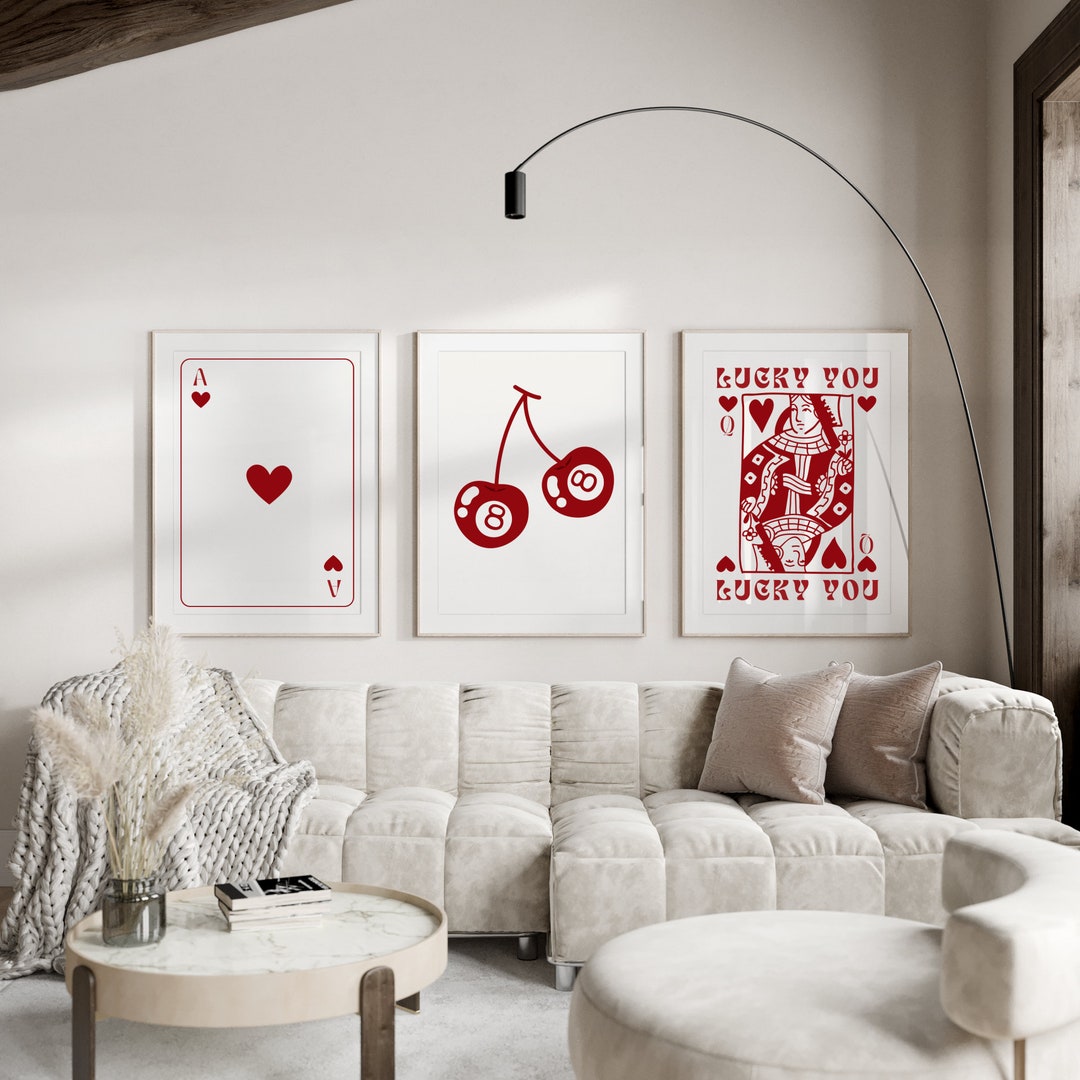 Trendy Retro Wall Art Set of 3, Red Ace Card Print, Lucky You Poster, 8 ...