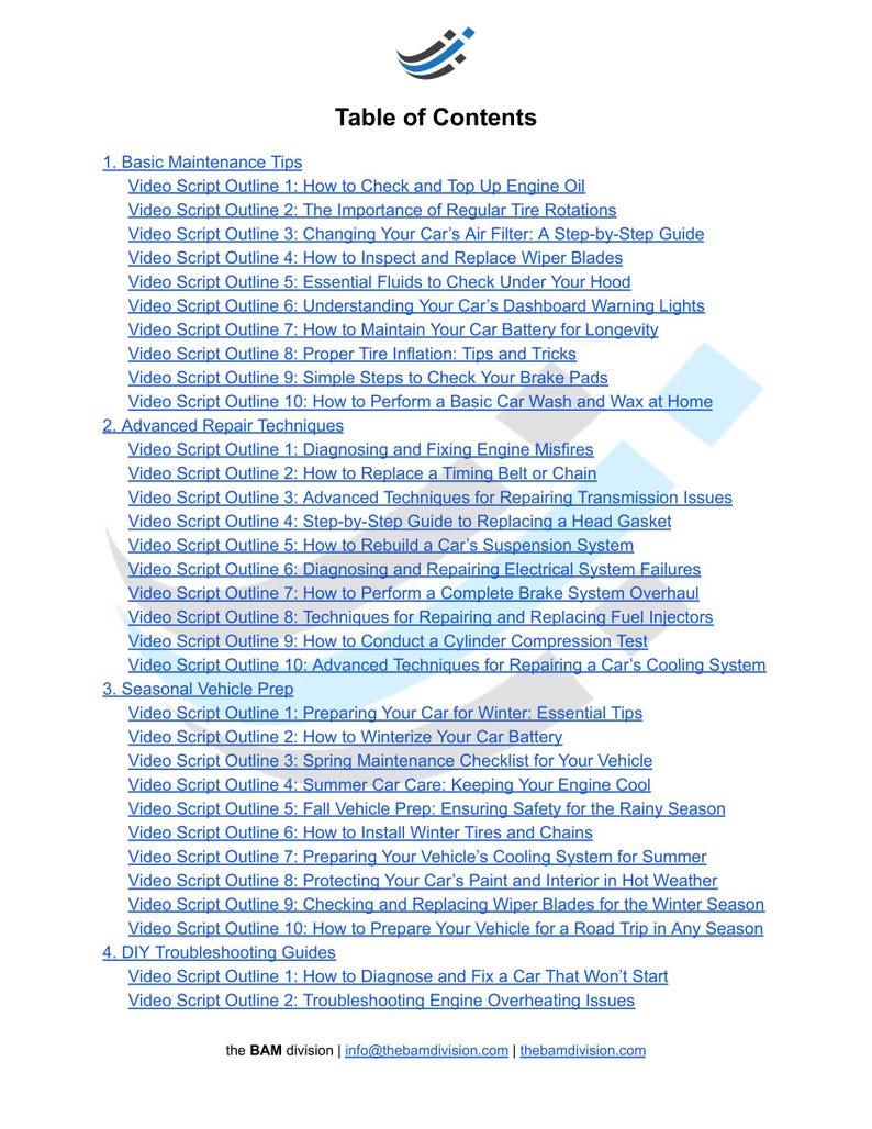 150 Sample Video Script Outline Templates for Auto Mechanics: DFY ...