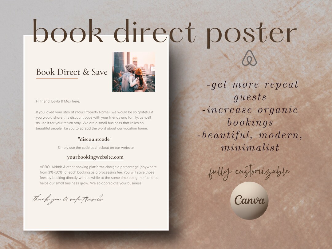 10x12 Book Direct Poster, Direct Booking Sign, Airbnb Book Direct Sign ...